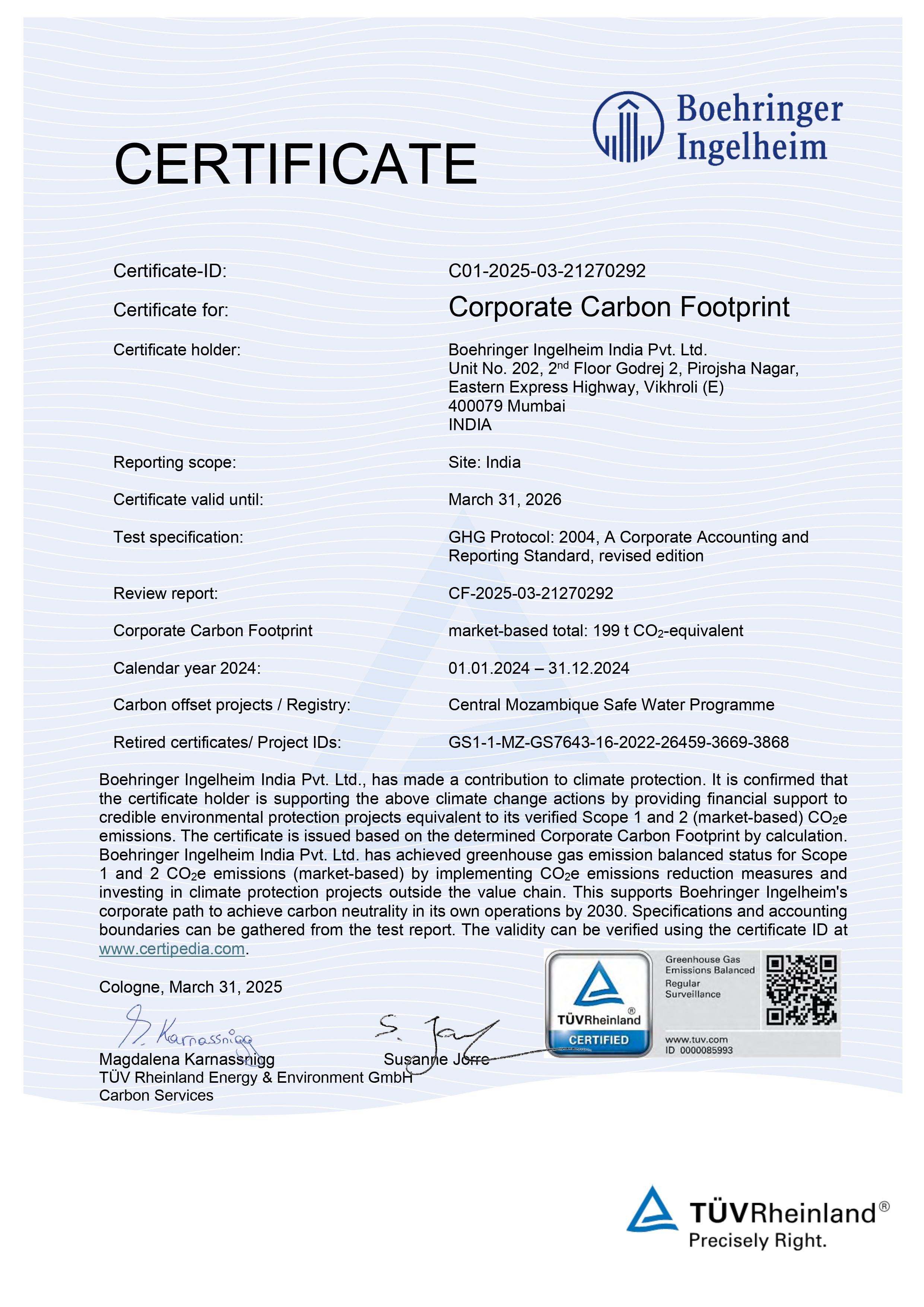 Boehringer Ingelheim India Pvt Ltd is now certified as carbon neutral